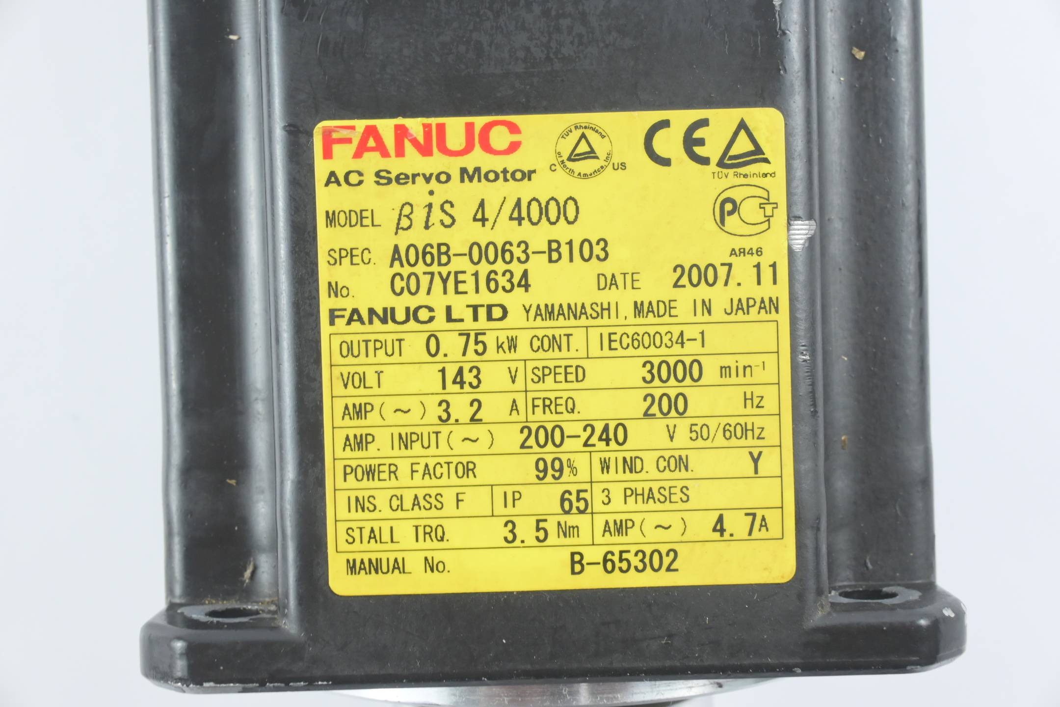 Fanuc AC Servo Motor A06B-0063-B103 inkl. Fanuc Impulsgeber A860-2020-T301