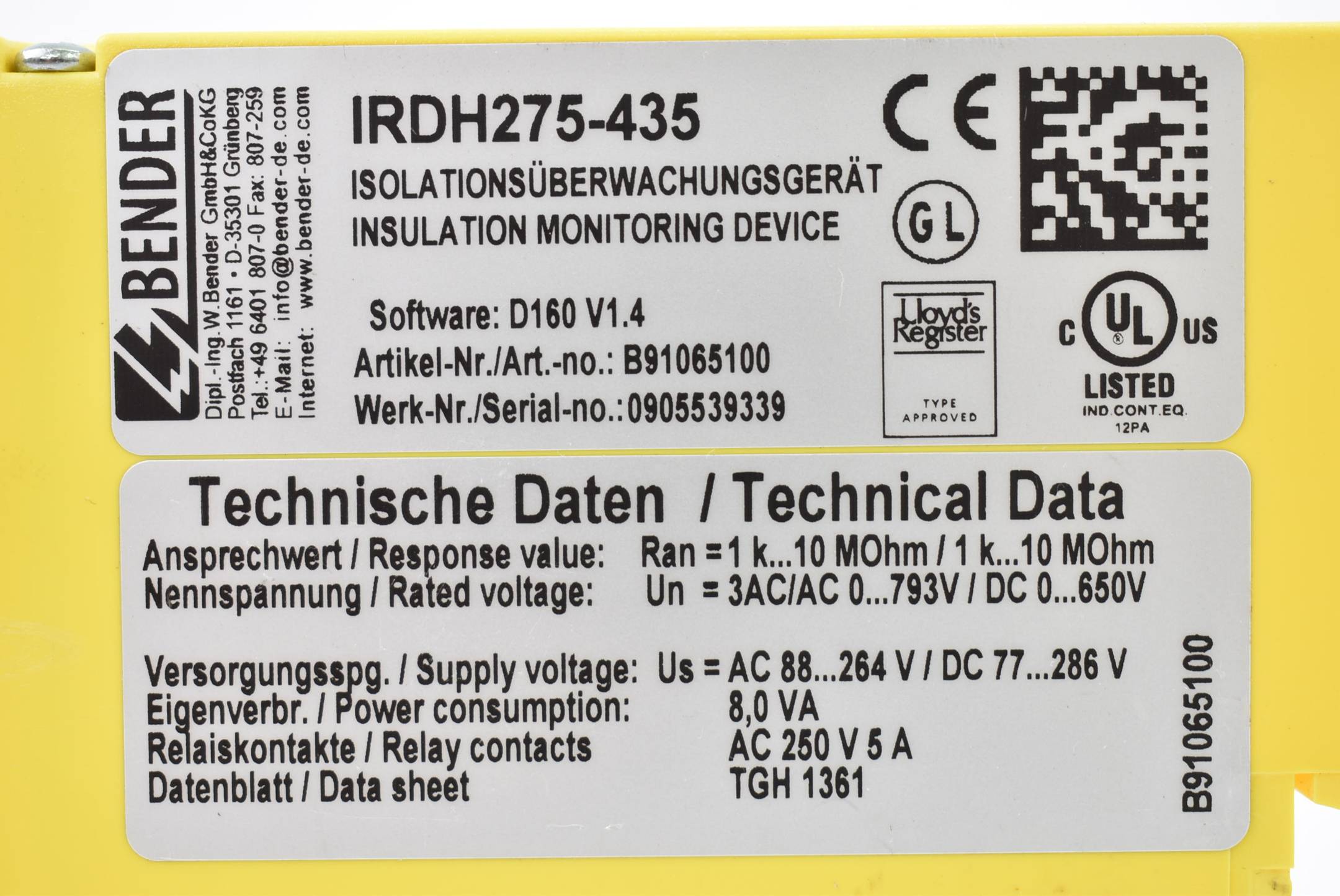 DEFEKT Bender Isolationsüberwachungsgerät IRDH275-435 ( B91065100 )