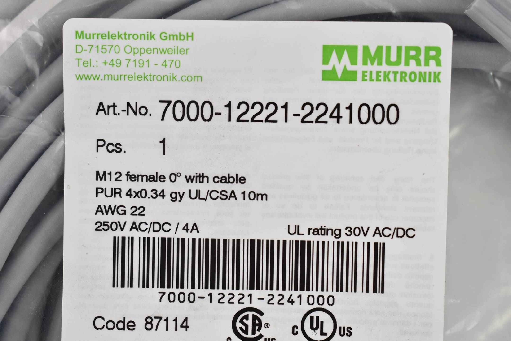 Murr Elektronik M12 female with cable 250V AC/DC 4A 30V AC/DC 7000 ...