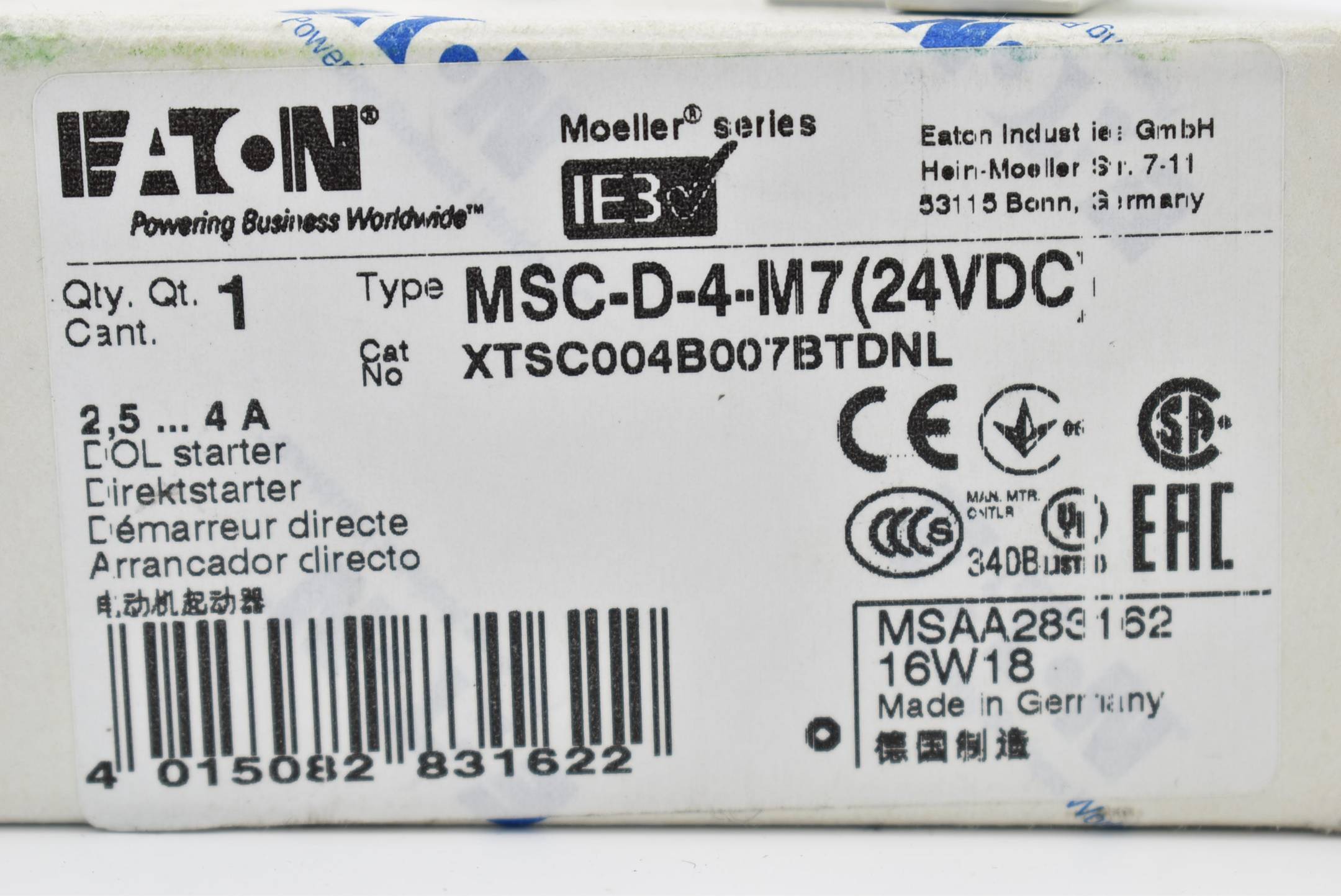 Eaton Direktstarter Motorstarterkombination 2,5-4A MSC-D-4-M7(24VDC)